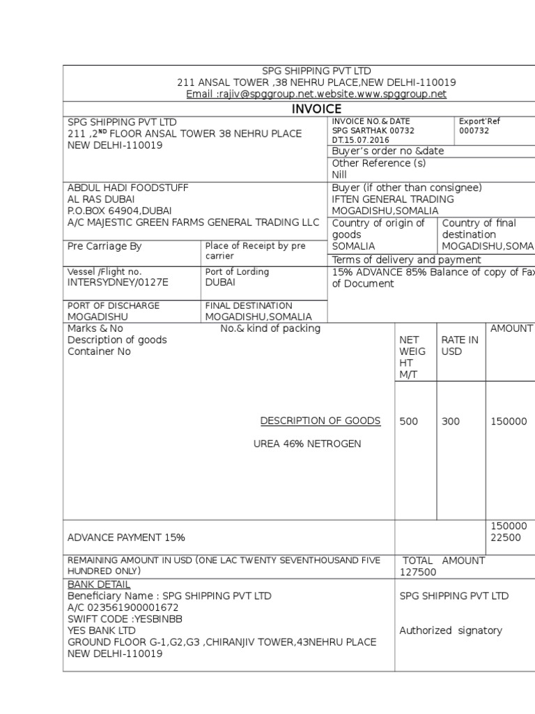 Invoice: Place of Receipt by Pre Carrier Vessel /flight No. Port of ...