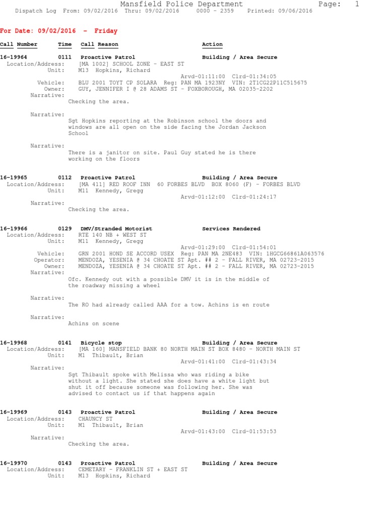 Police Log September 2, 2016 | PDF | Vehicles | Transport