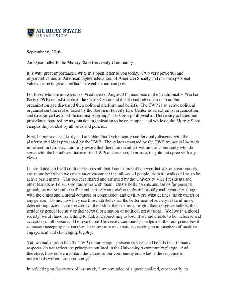 Open Letter From MSU President Bob Davies | PDF | Freedom Of Speech ...
