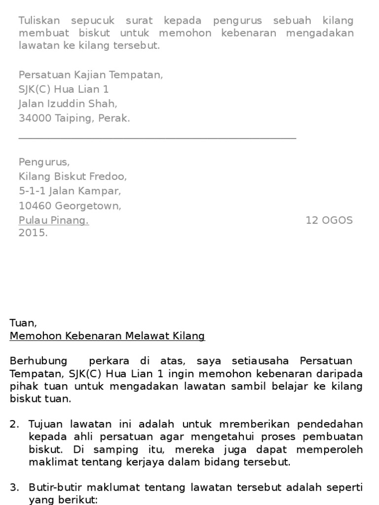 Surat Rasmi Memohon Lawatan Ke Kilang | PDF