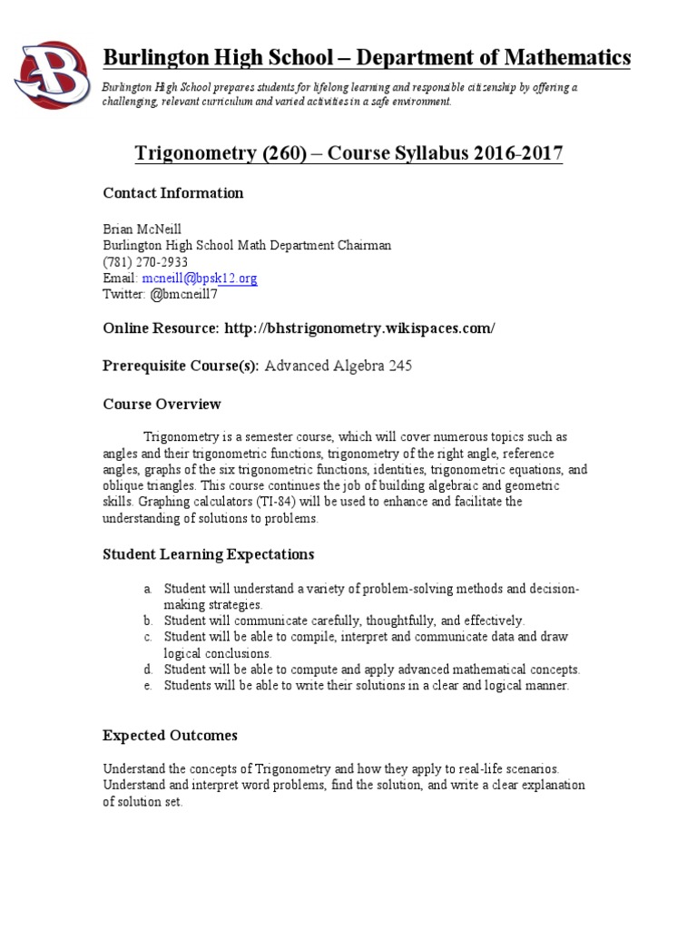 Burlington High School - Department of Mathematics: Trigonometry (260 ...