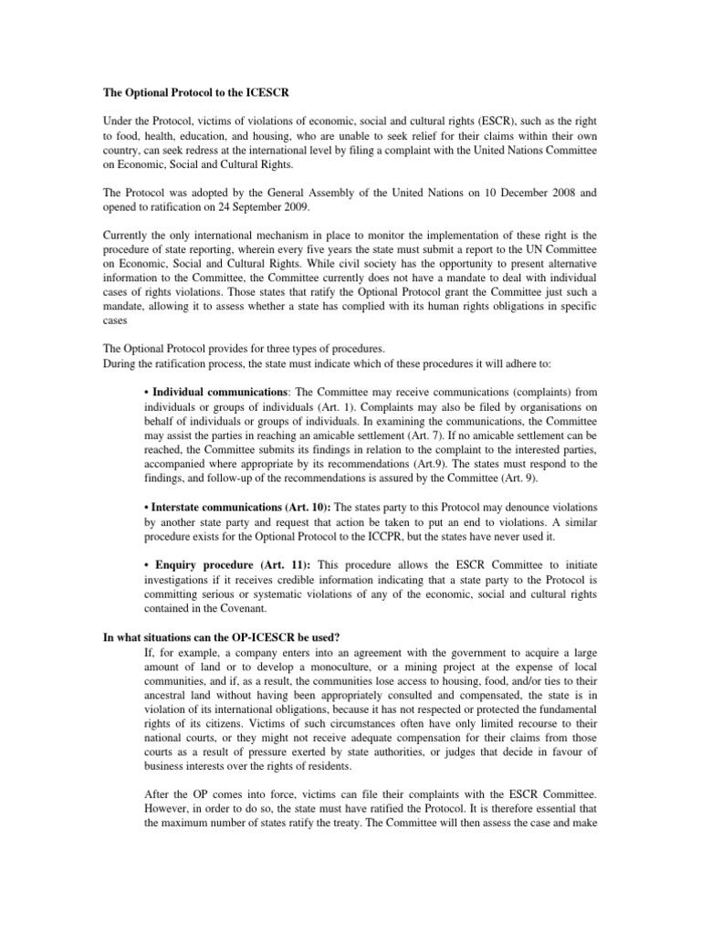 The Optional Protocol To The ICESCR | PDF | Treaty | Human Rights