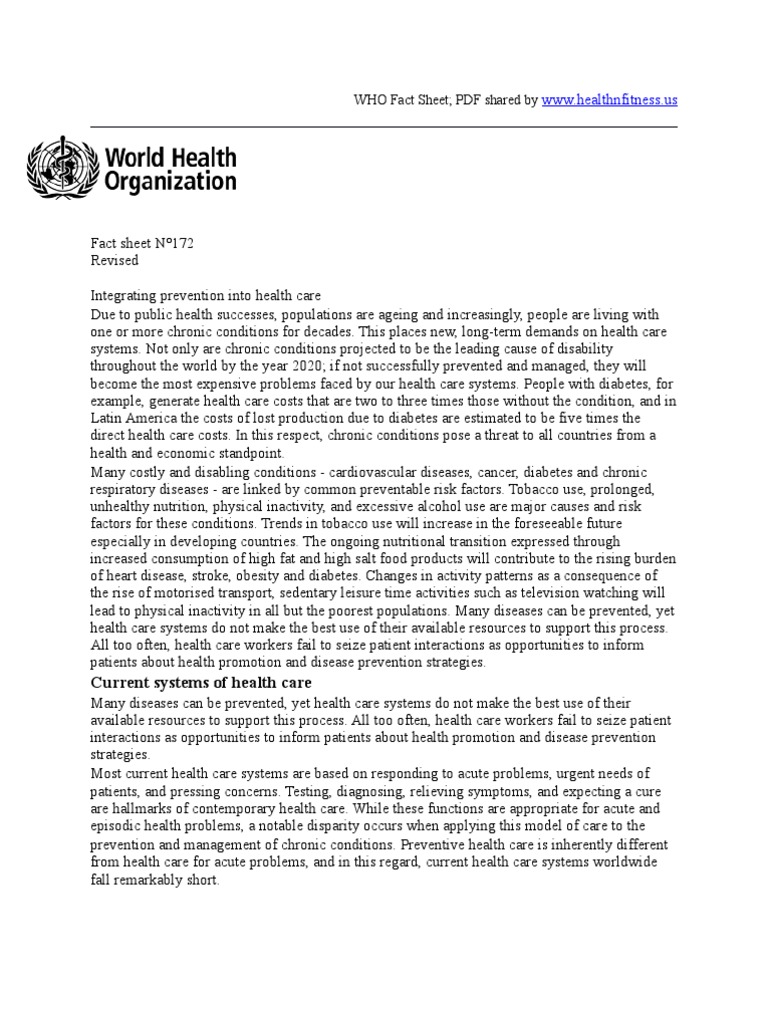 WHO Factsheet | Non Communicable Disease | Preventive Healthcare