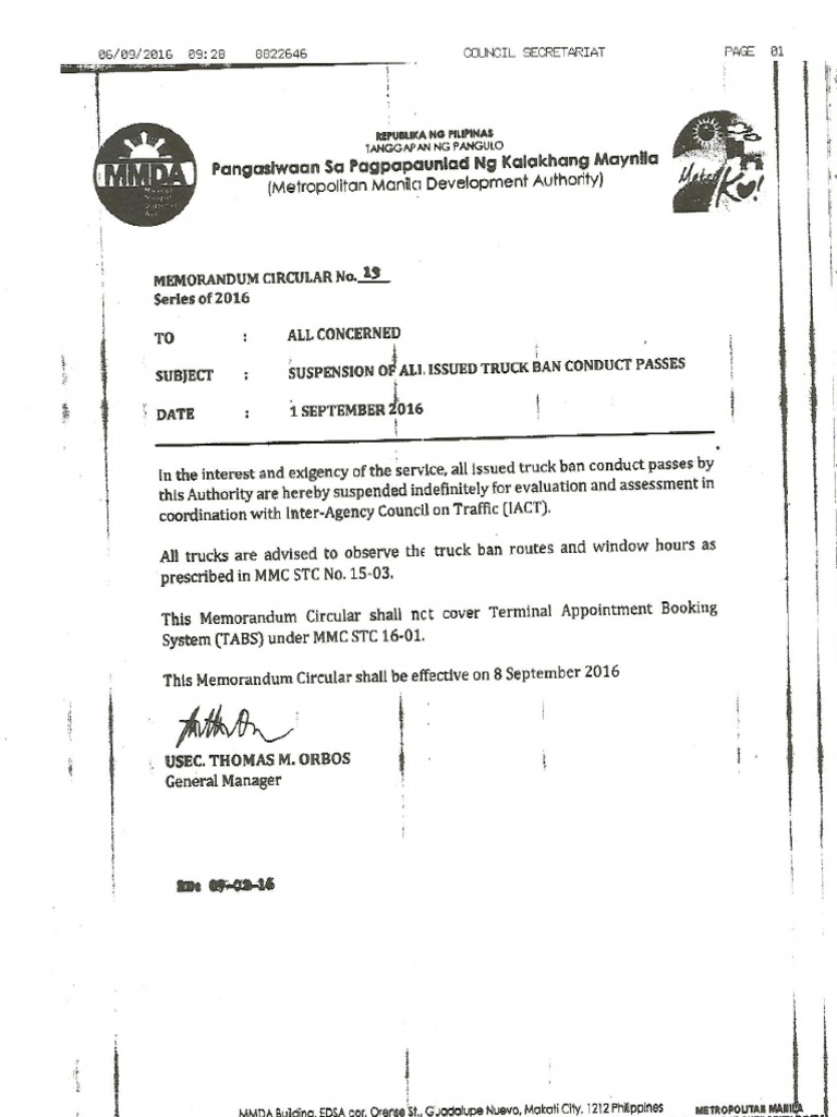 MMDA Memo Circular 13-2016 | PDF