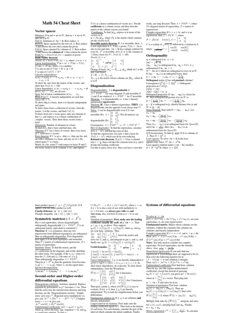 Math 54 Vector Spaces Cheat Sheet | PDF | Eigenvalues And Eigenvectors ...