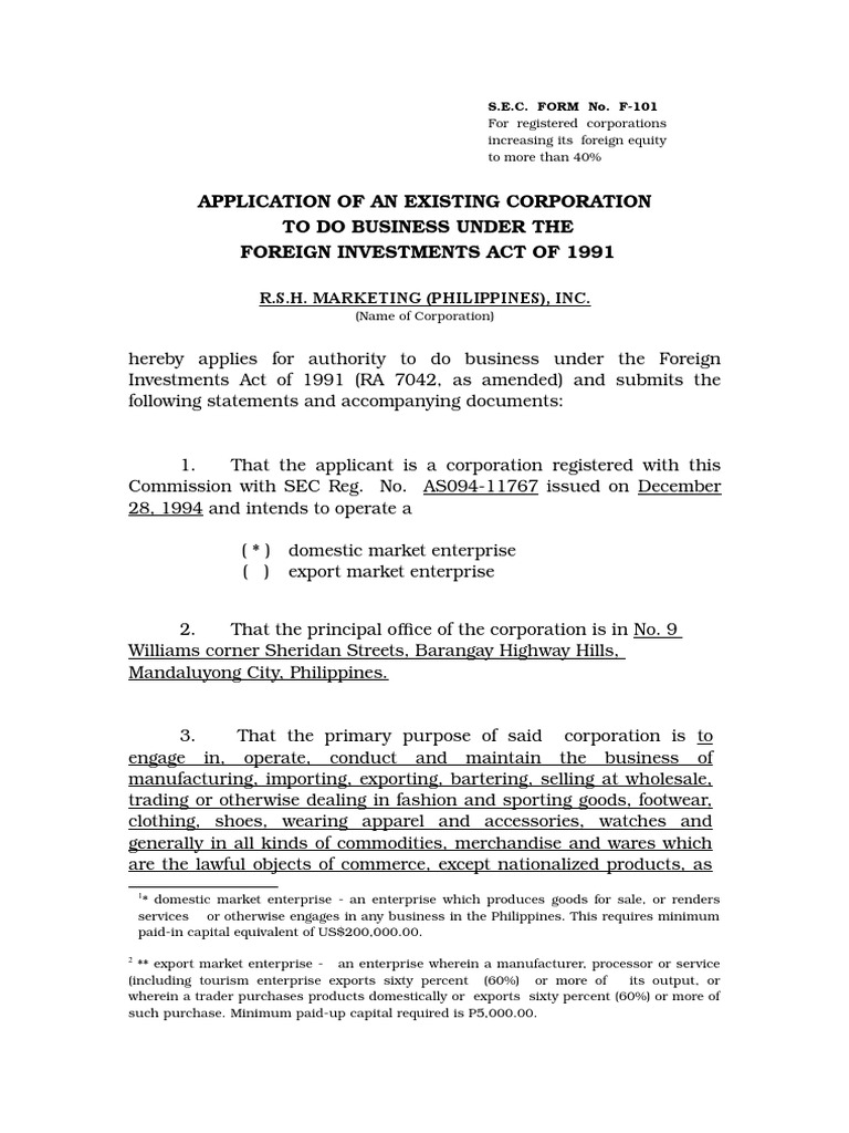 FIA Application for R.S.H. Marketing Inc. | PDF