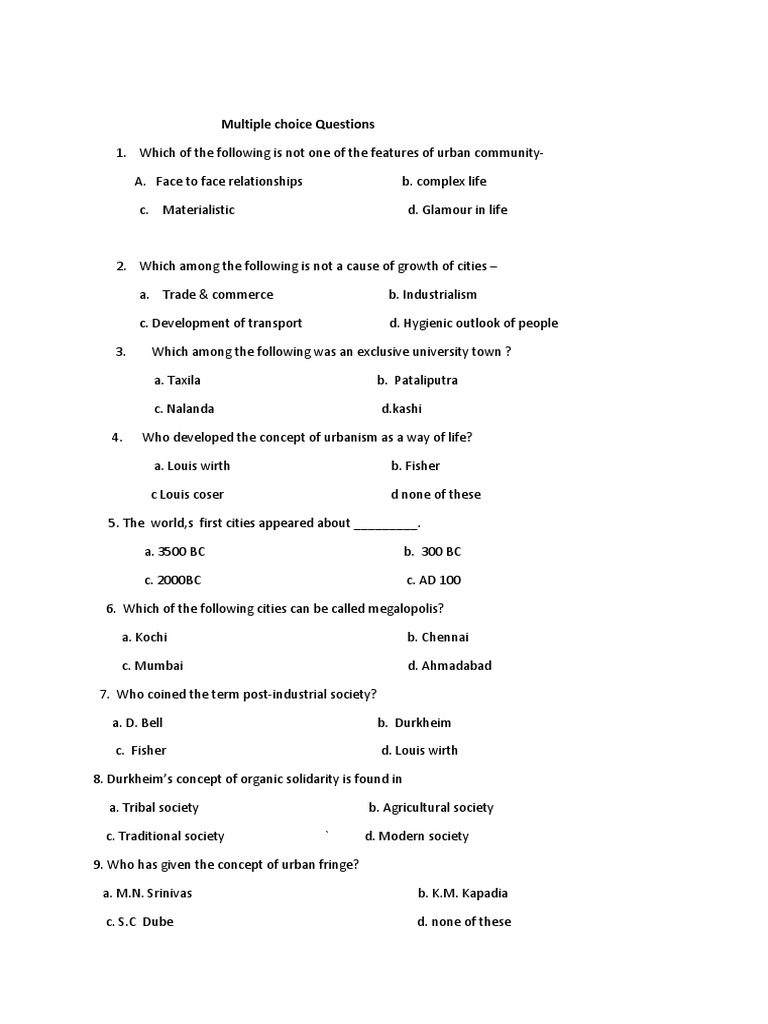 Multiple Choice Questions | PDF | Urbanization | Urban Area