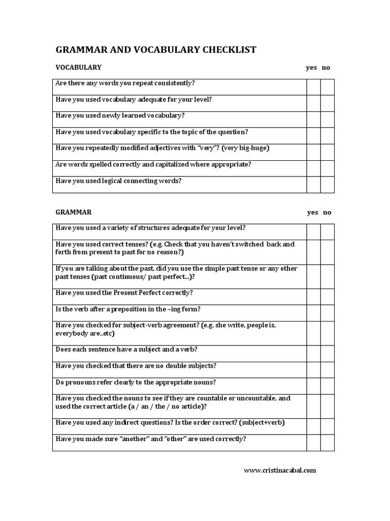 Grammar and Vocabulary Checklist | PDF