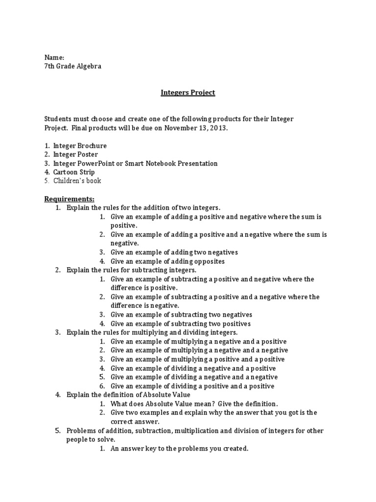 7th Grade Integers Project Guide | PDF | Integer | Subtraction