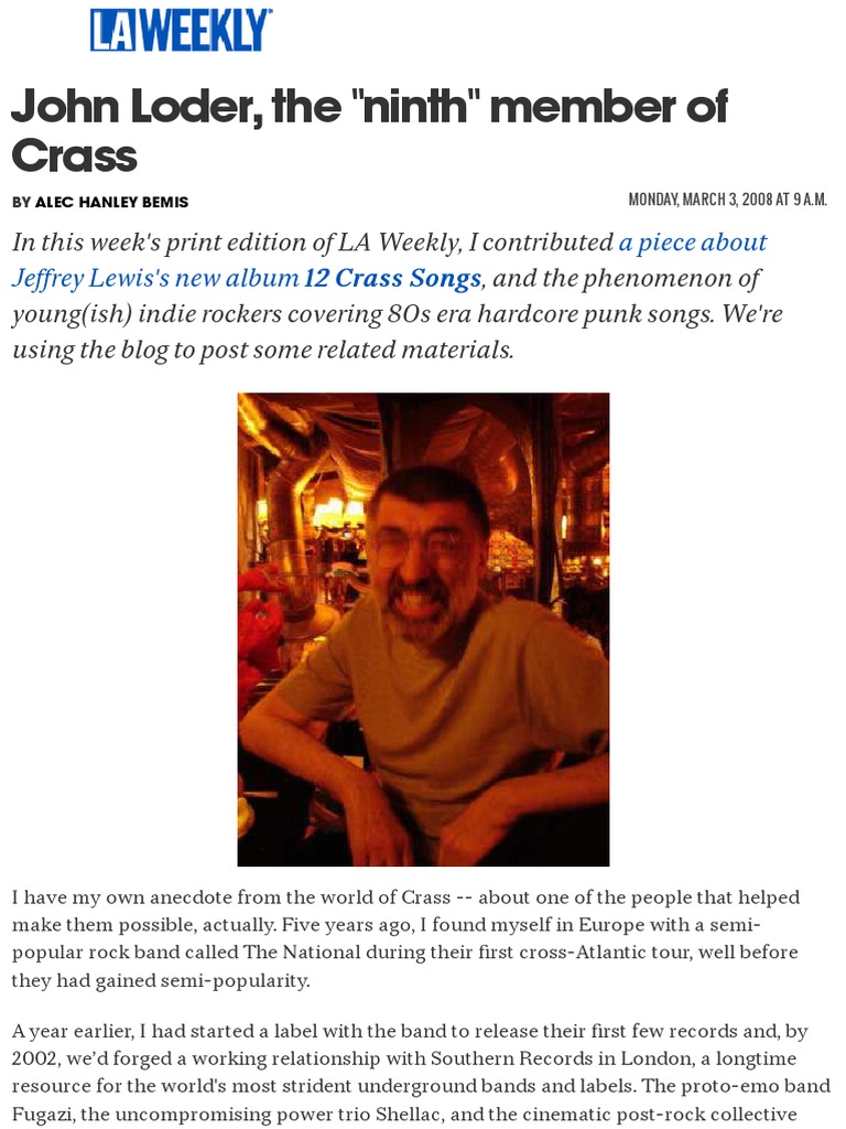 John Loder, The "Ninth" Member of Crass - L.A. Weekly | PDF ...