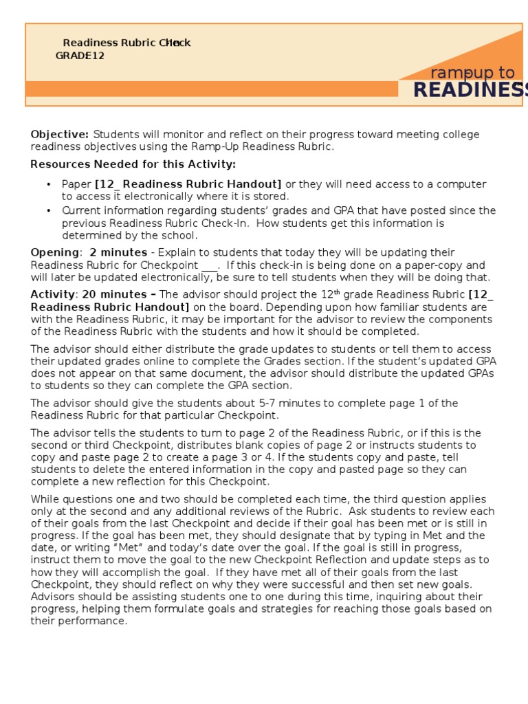 12 Readiness-Rubric-Check-In | PDF | Grading (Education) | Computing