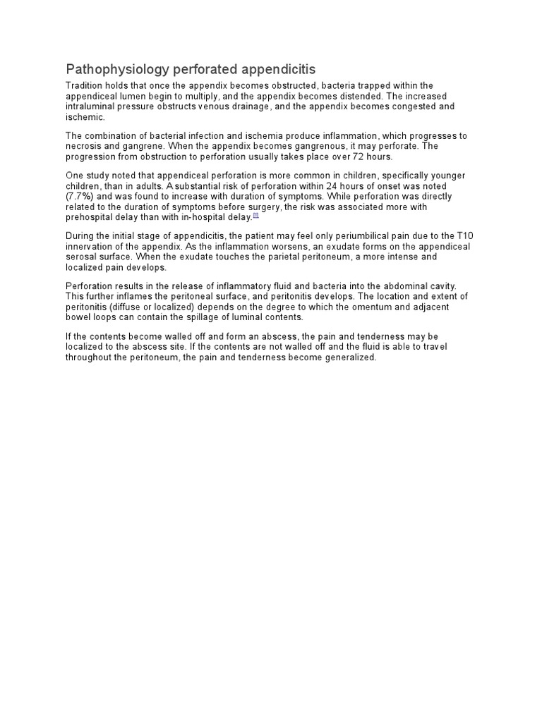 Pathophysiology Perforated Appendicitis | PDF