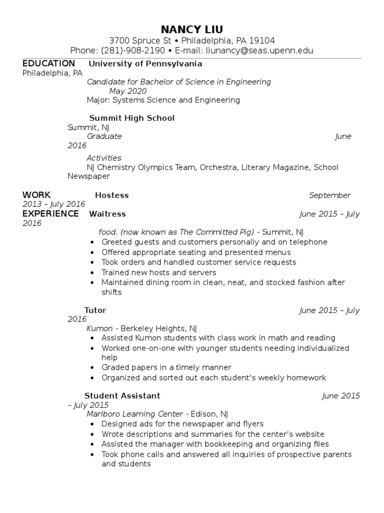 Nancy Liu's Resume: Engineering Student | PDF
