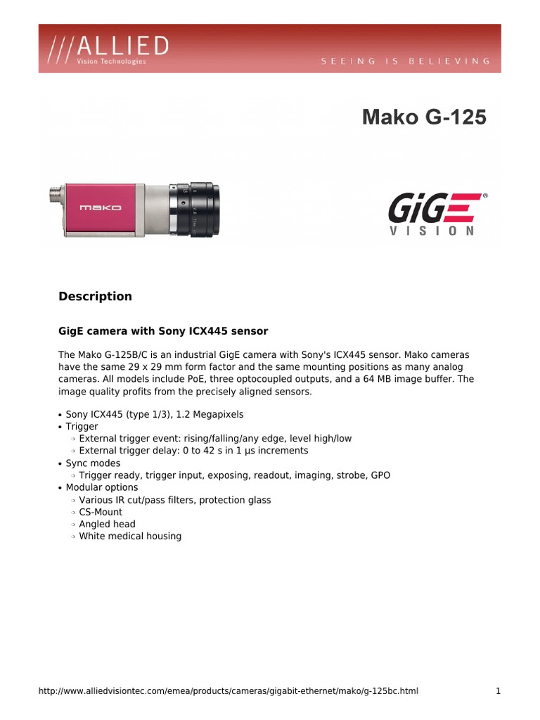 Mako DataSheet G-125 V2.0.0 en | PDF | Camera | Imaging
