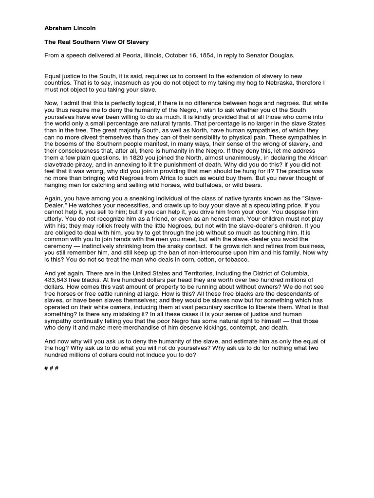 Abraham Lincoln The Real Southern View of Slavery From Speech in Reply ...