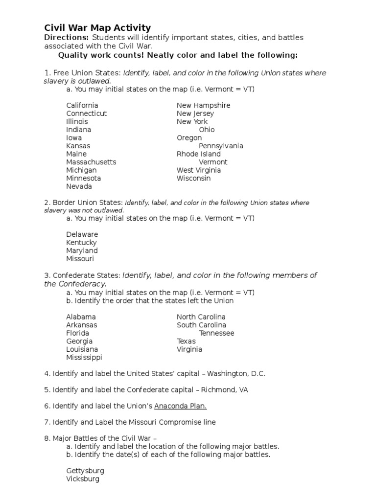 Civil War Map Activity Directions | PDF