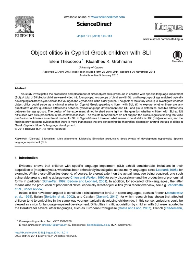 Object Clitics in Cypriot Greek Children With SLI | PDF | Linguistics | Semiotics