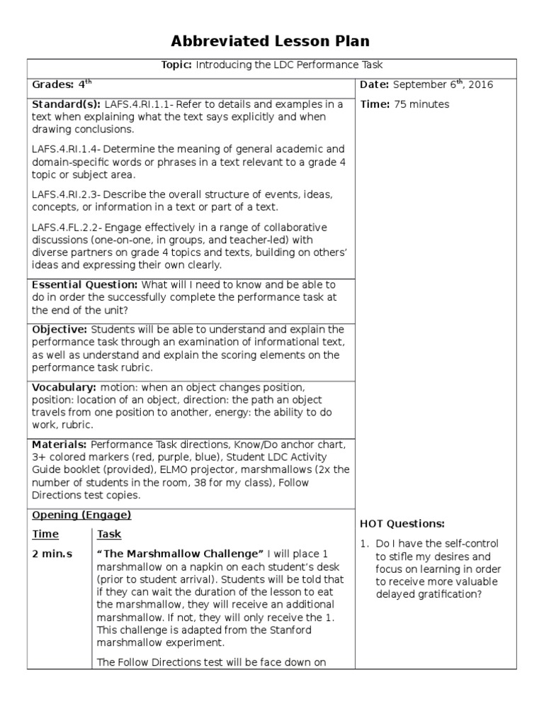 Abbreviated Lesson Plan | PDF | Rubric (Academic) | Educational Assessment