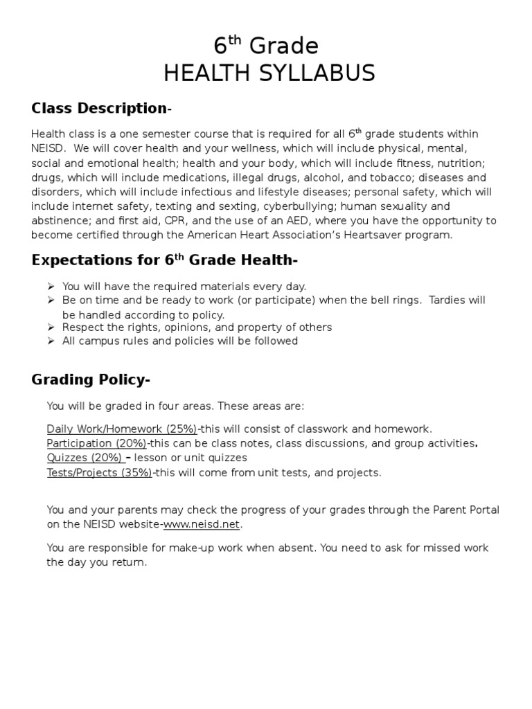 6th Grade Health Syllabus 1 | PDF