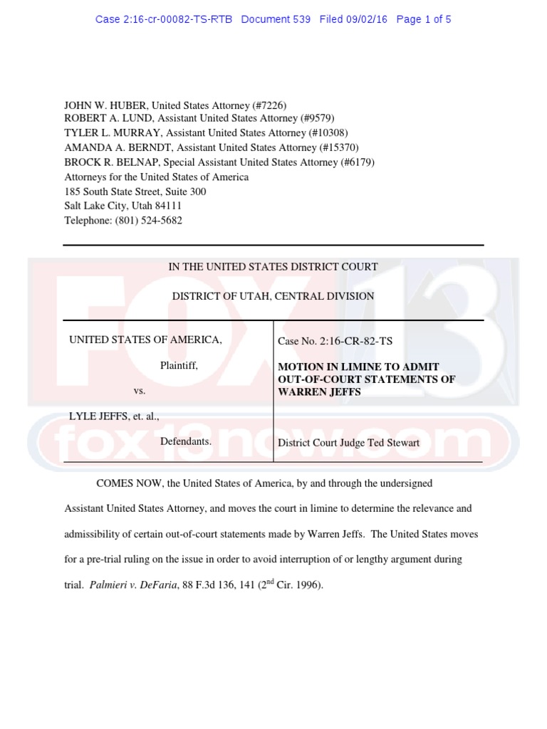 Warren Jeffs Motion in Limine | PDF | Hearsay | Hearsay In United ...