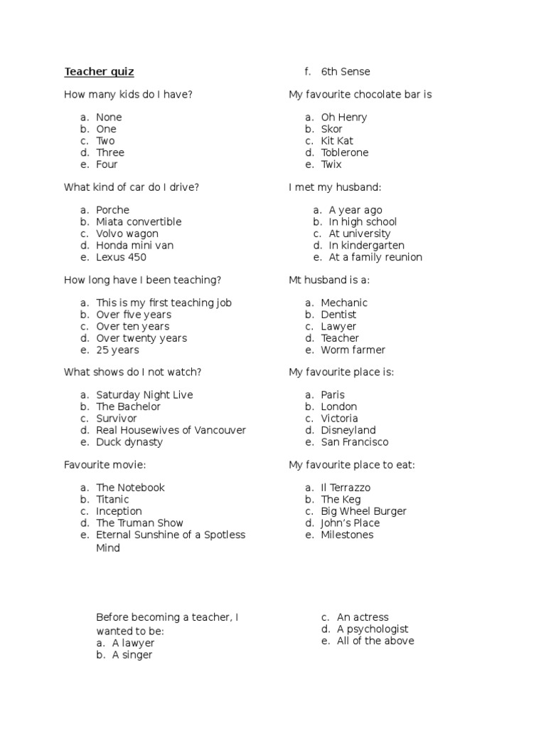 Fun Teacher Quiz for Students | PDF | Art