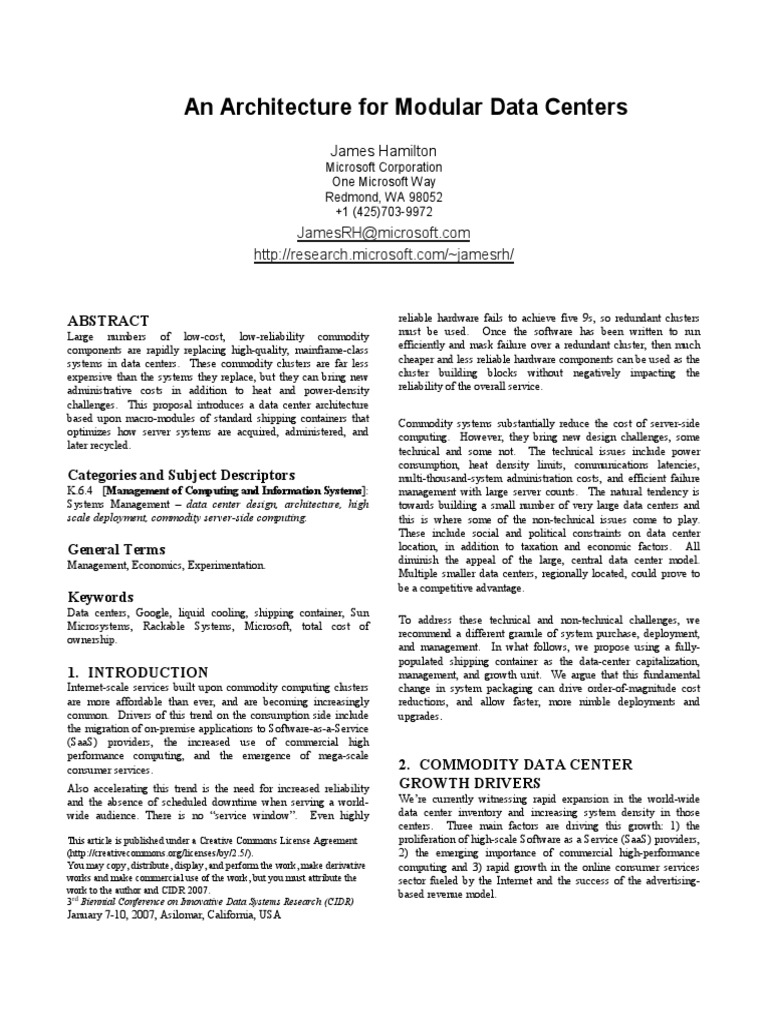 An Architecture For Modular Data Centers: James Hamilton | PDF | Data ...
