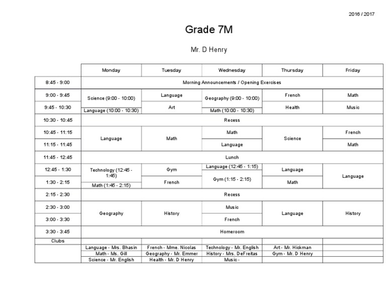 Timetable - Grade 7 2016-2017 | PDF | Foreign Language Studies