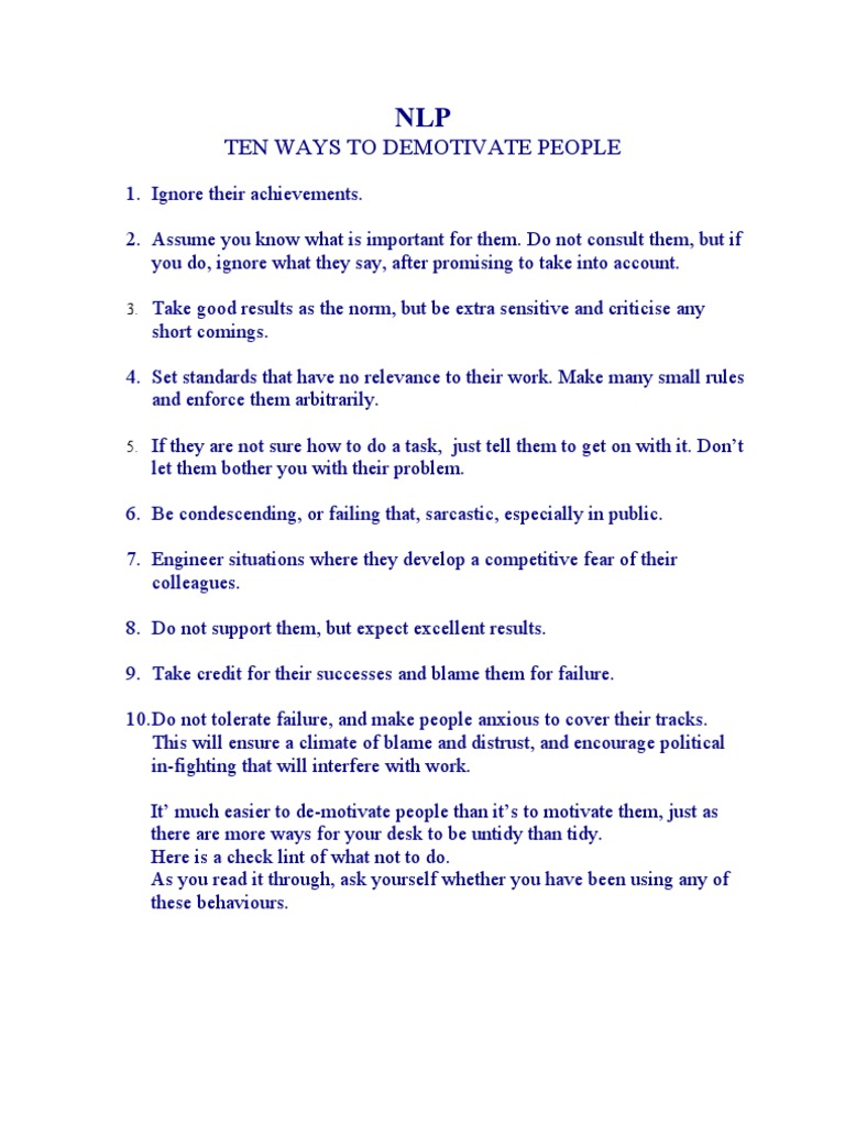 Ten Ways To Demotivate People | PDF | Leadership | Motivation