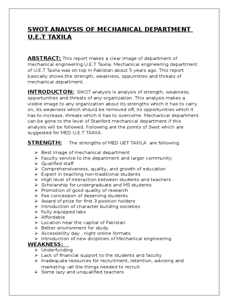 SWOT Analysis of Mechanical Department | PDF | Swot Analysis | Cognition