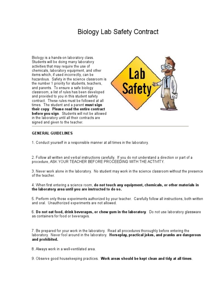 Biology Lab Safety Contract: Their Copy. Please Read The Entire ...