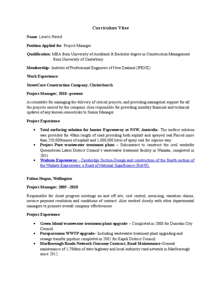 Curriculum Vitae - Project Manager | PDF | Controlled Access Highway ...