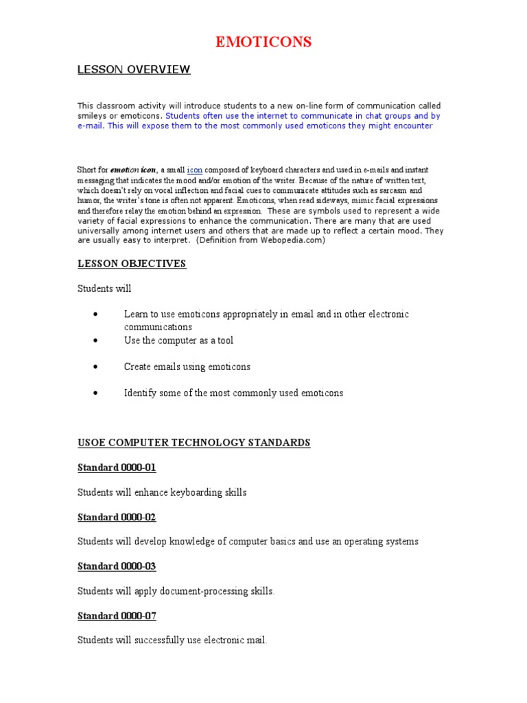Emoticons: Lesson Overview | PDF | Email | Icon (Computing)