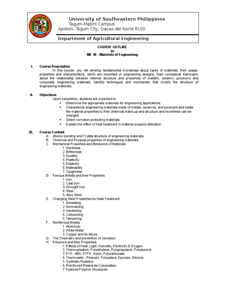 Course Outline - ME 40 - Materials of Engineering | PDF | Metals | Heat ...
