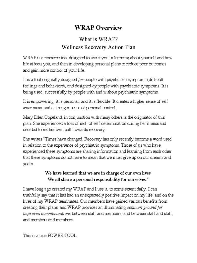WRAP Overview: What Is WRAP? Wellness Recovery Action Plan | PDF