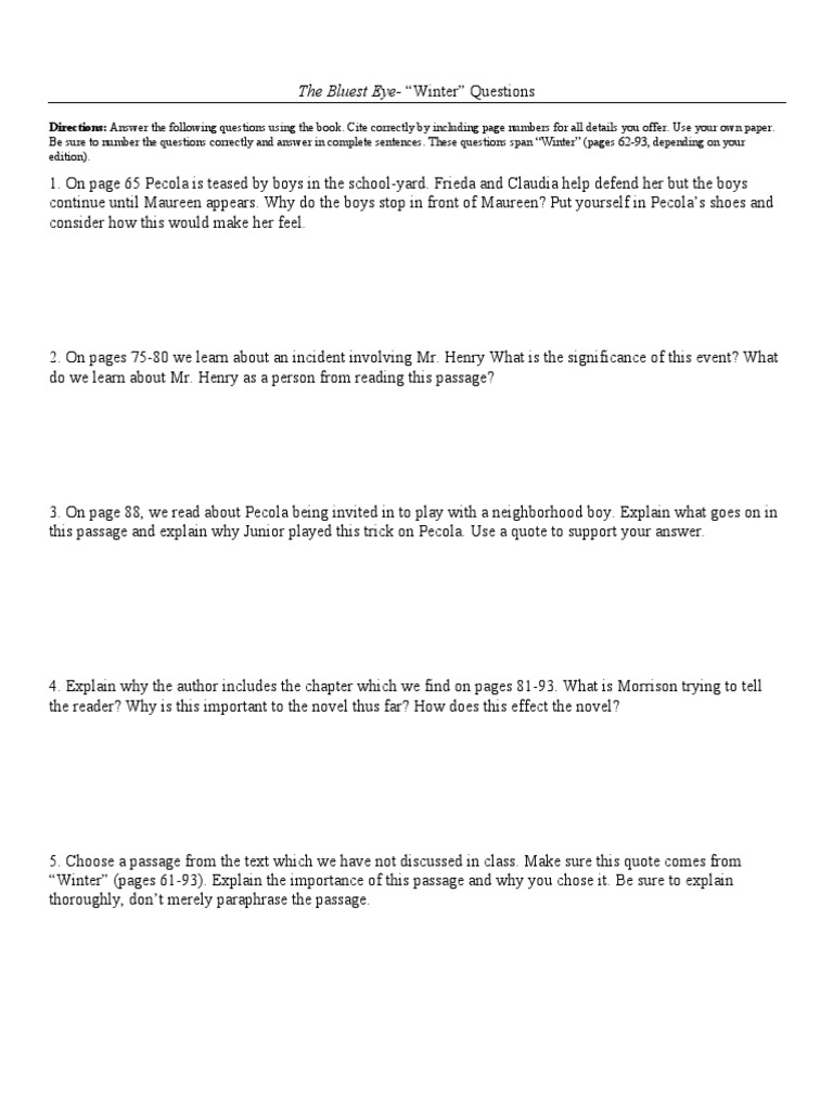 Bluest Eye Winter Questions | PDF | Novels | English Language Novels