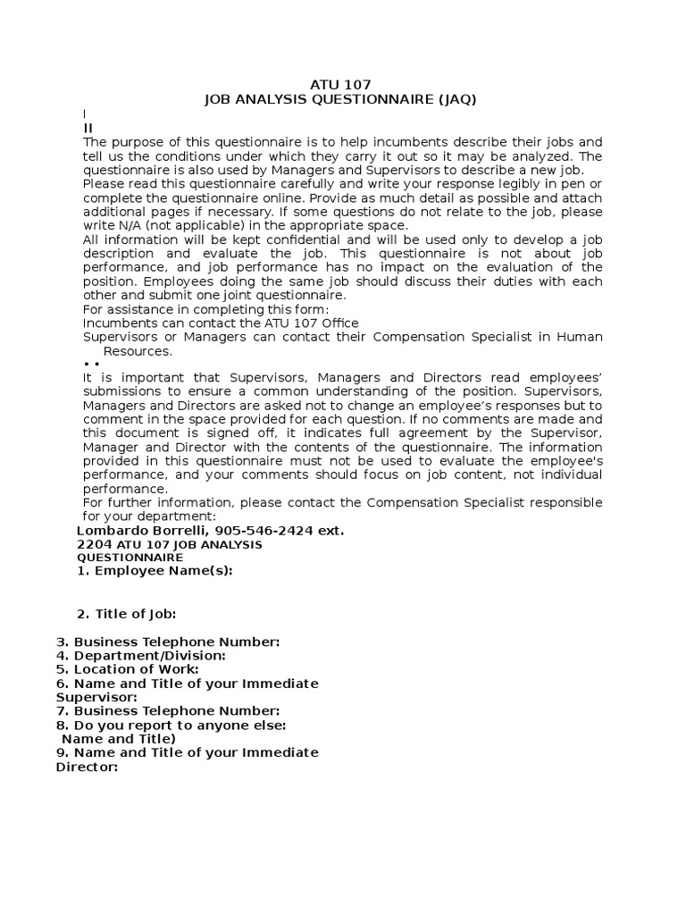 ATU 107 Job Analysis Questionnaire (Jaq) II | PDF | Business | Finance ...