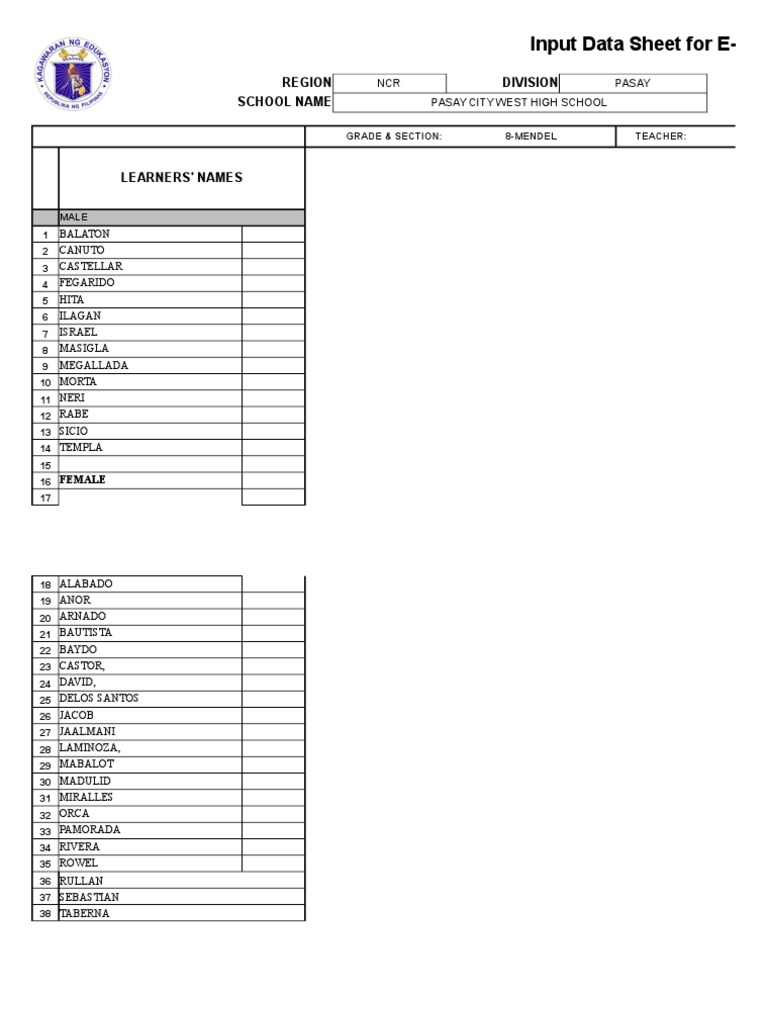 Input Data Sheet For E-Class Record: Region Division School Name | PDF | Philippines