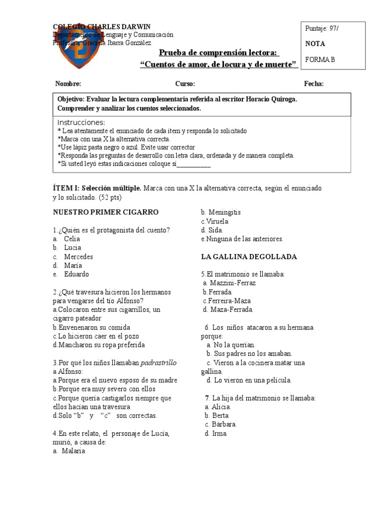 Prueba Comprensión Lectora Horacio Quiroga B | PDF | Salud y bienestar ...