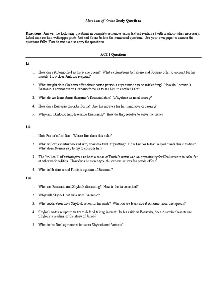 Merchant of Venice Study Questions | PDF | The Merchant Of Venice
