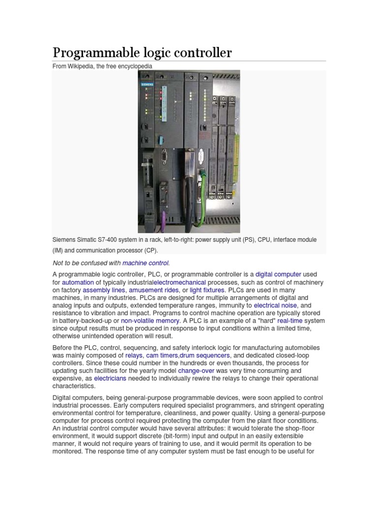 Programmable Logic Controller: From Wikipedia, The Free Encyclopedia | Download Free PDF ...