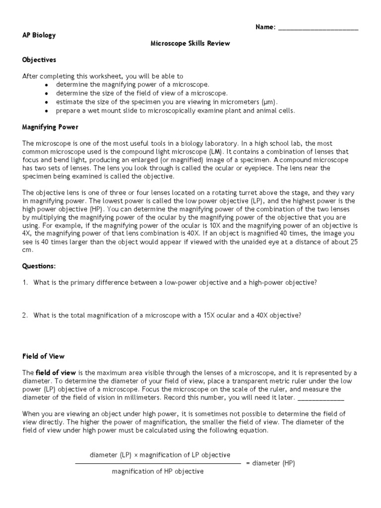 Microscope Skills Review | PDF | Lens (Optics) | Field Of View