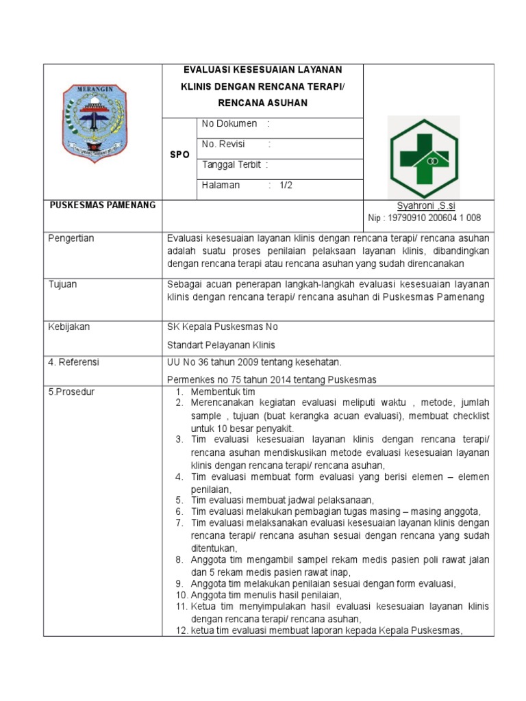 Sop Evaluasi Kesesuaian Layanan Klinis Dengan Rencana Terapi | PDF