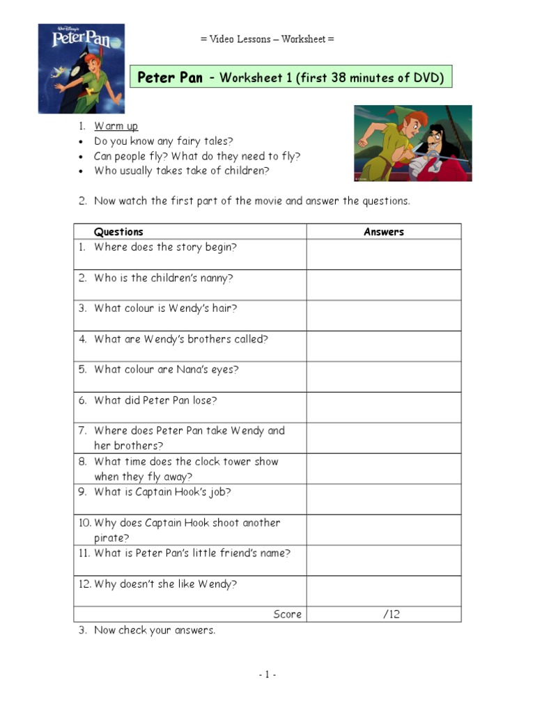 Video Worksheets For The Classic Disney Movie Peter Pan | PDF | Peter ...