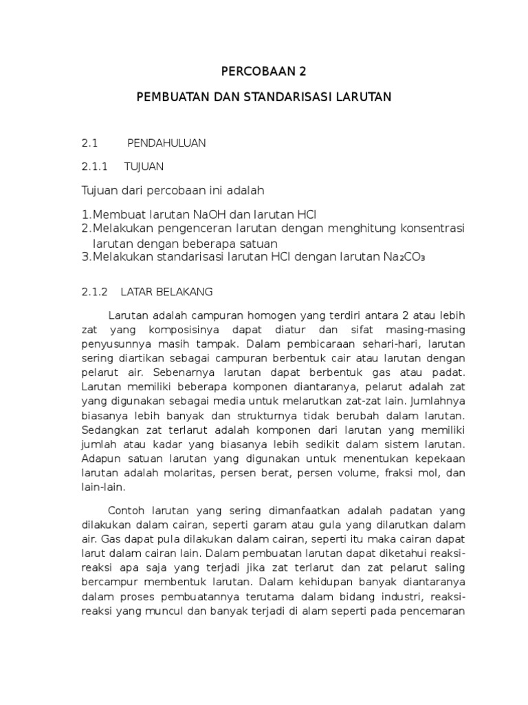 PERCOBAAN 2 Pembuatan Dan Standarisasi Larutan | PDF
