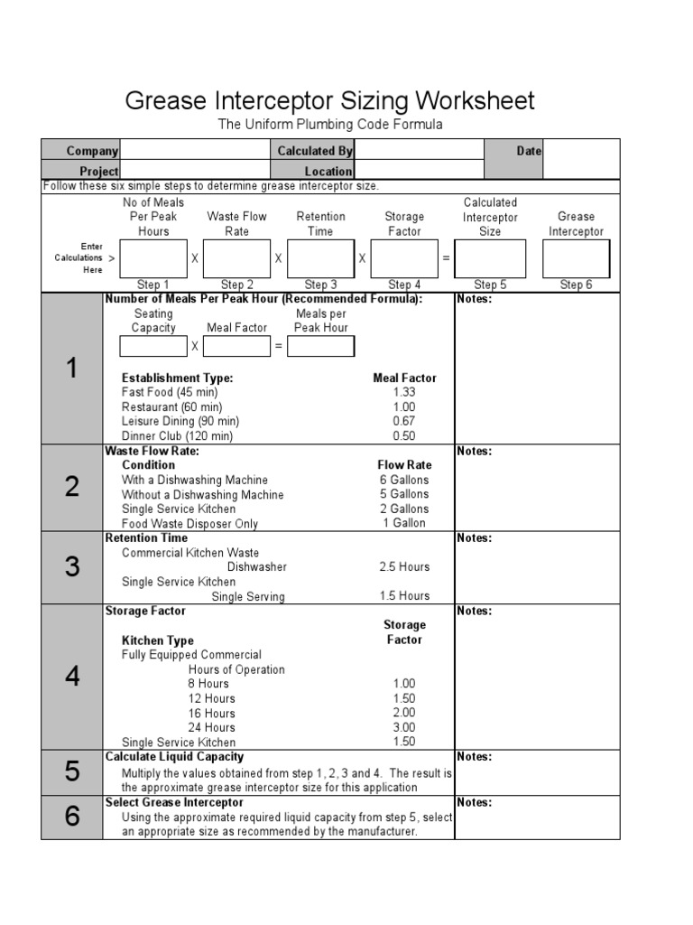 Grease Trap Sizing WorkSheet | PDF
