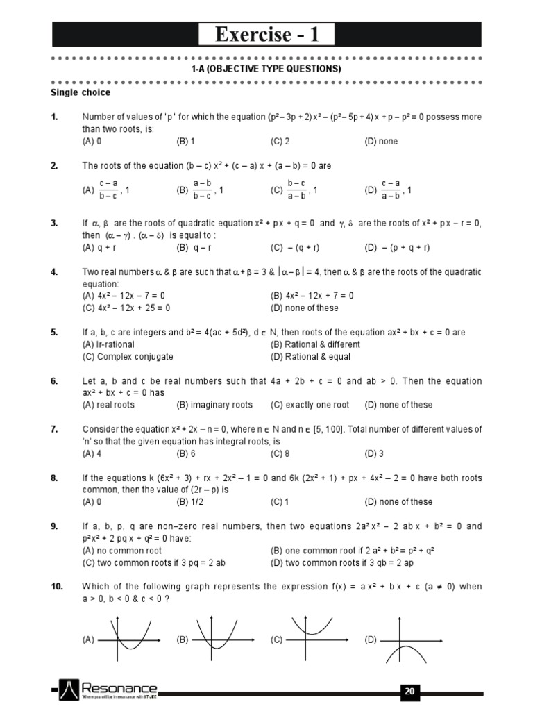 Quadratic Equation Problem Sheet | PDF | Quadratic Equation | Equations