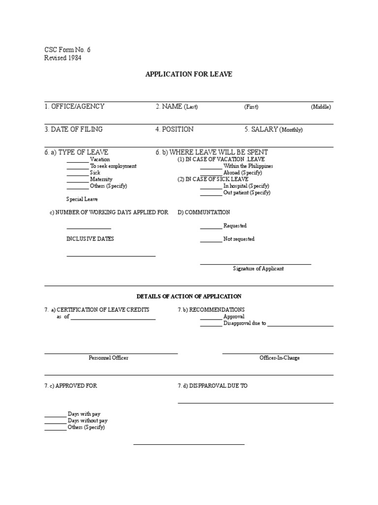CSC Form No. 6: Leave Application Form | PDF | Law