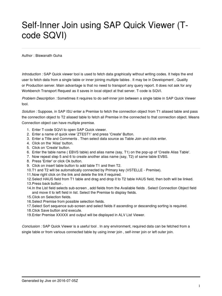 Self-Inner Join Using SAP Quick Viewer (Tcode SQVI) | PDF | System ...