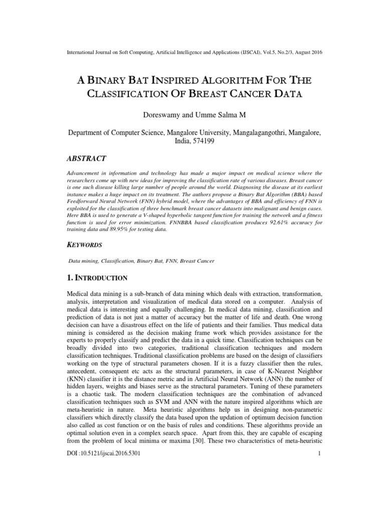 A Binary Bat Inspired Algorithm For The Classification of Breast Cancer ...