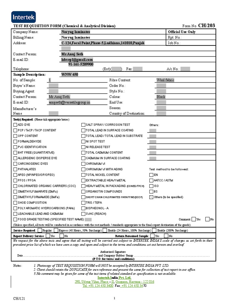 TEST REQUEST FORM - CHEMICAL AND ANALYTICAL (1).doc | Chemistry ...